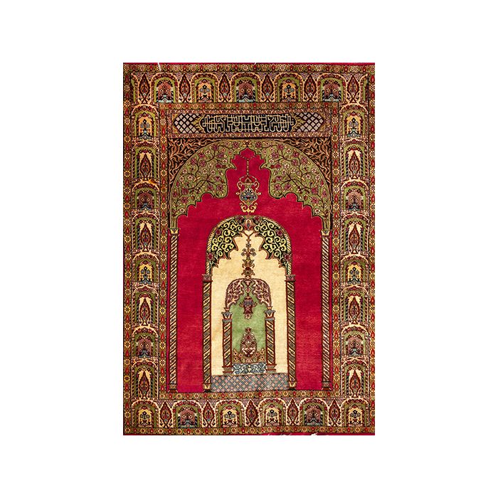 1250-Alfombra persa de oración en lana sobre campo rosáceo. con cenefa ...