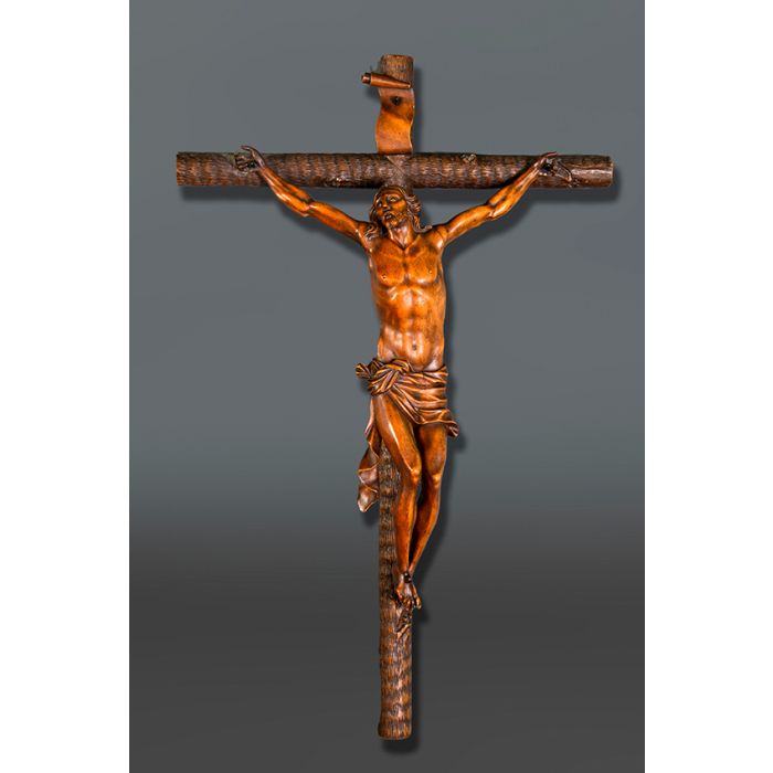 785-Cristo en madera de boj de siglo S.XVIII sobre curz en madera de palo de santo. Medidas ...