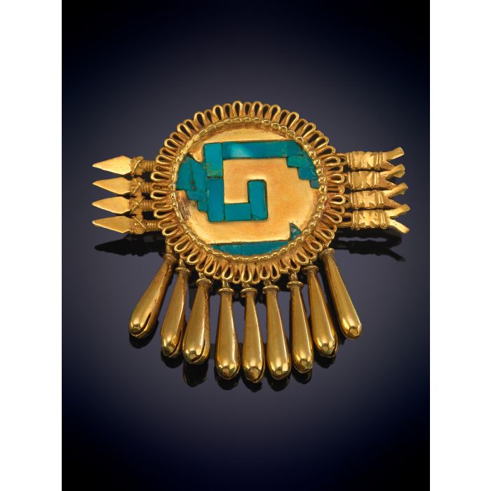 227-Broche y colgante azteca en oro y turquesas. | Fernando Durán