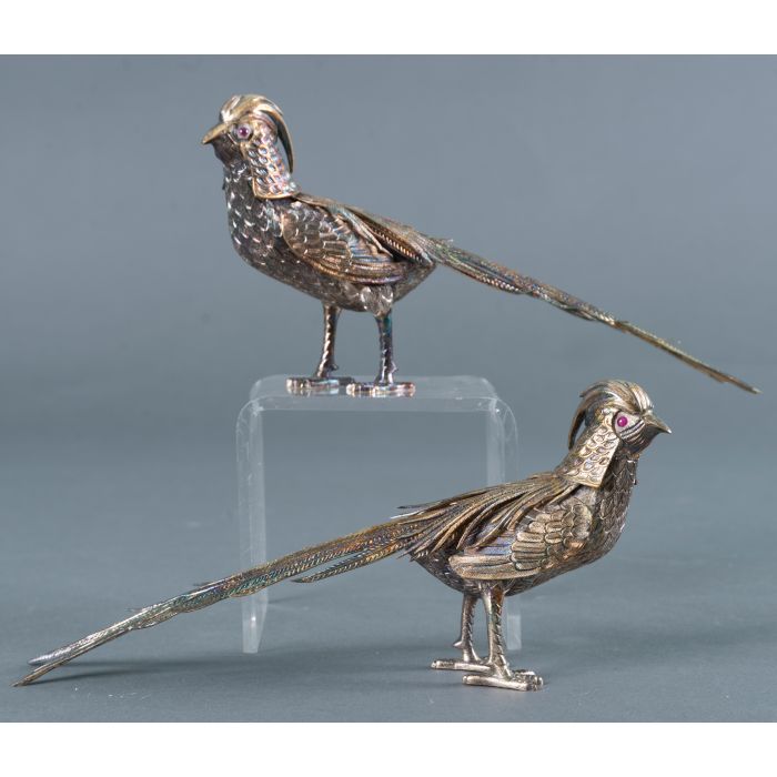 854-TANE Exquisita pareja de faisanes de TANE en plata sterling y ...